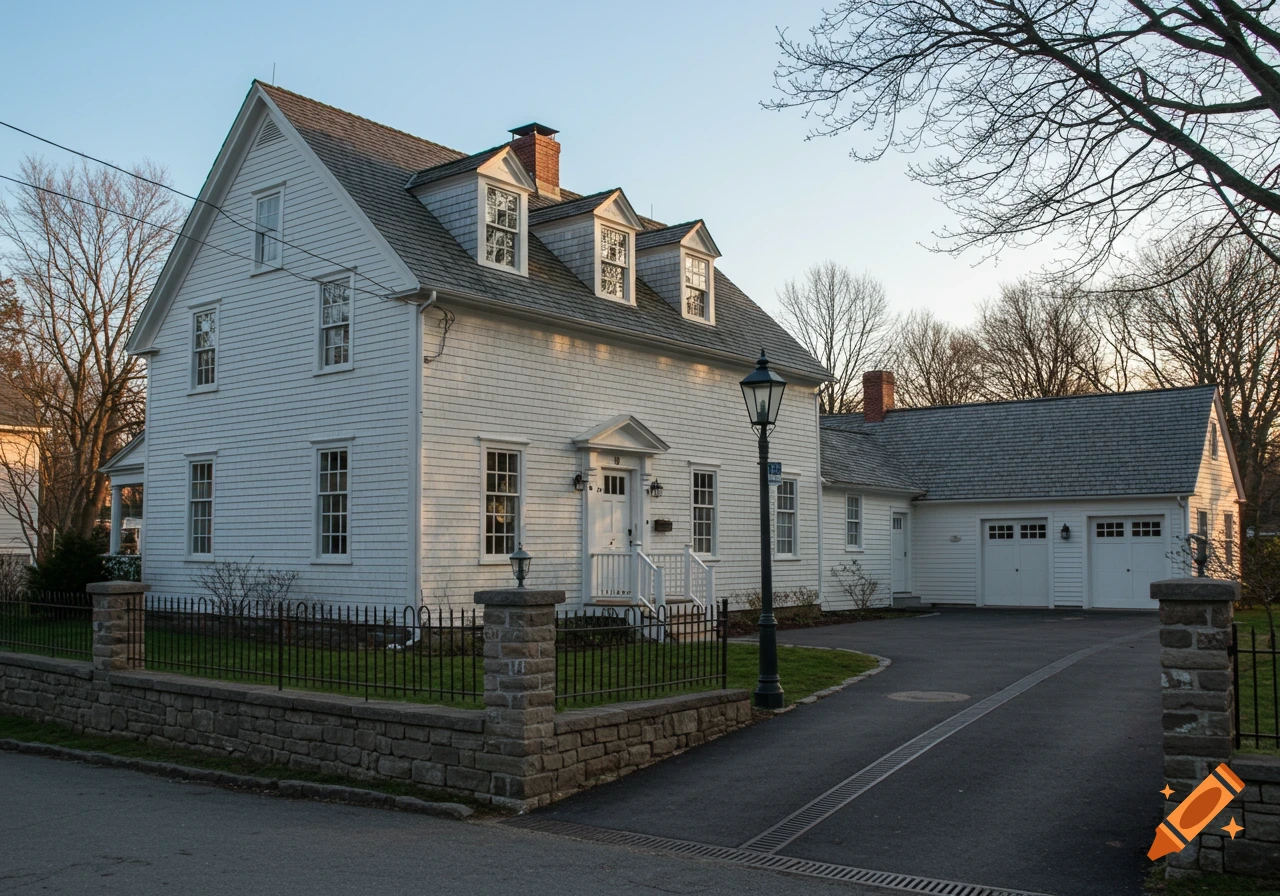 Photorealistic image of a white clapboard house with a grey roof, stone ...