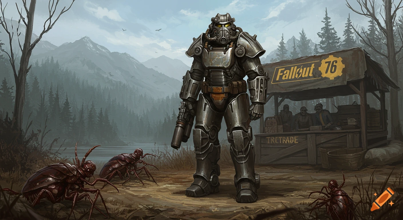 Person in Fallout power armor stands by a trade stand with radroaches ...