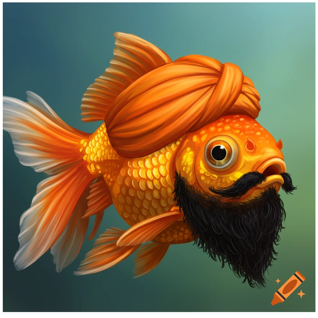 Illustration of a goldfish wearing an orange turban and black beard. on ...