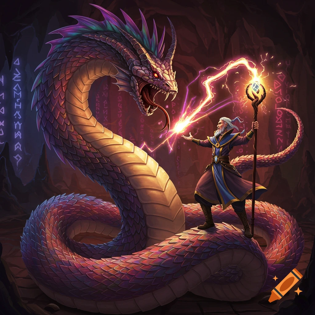 A wizard battles a large purple snake-like dragon with magic lightning ...