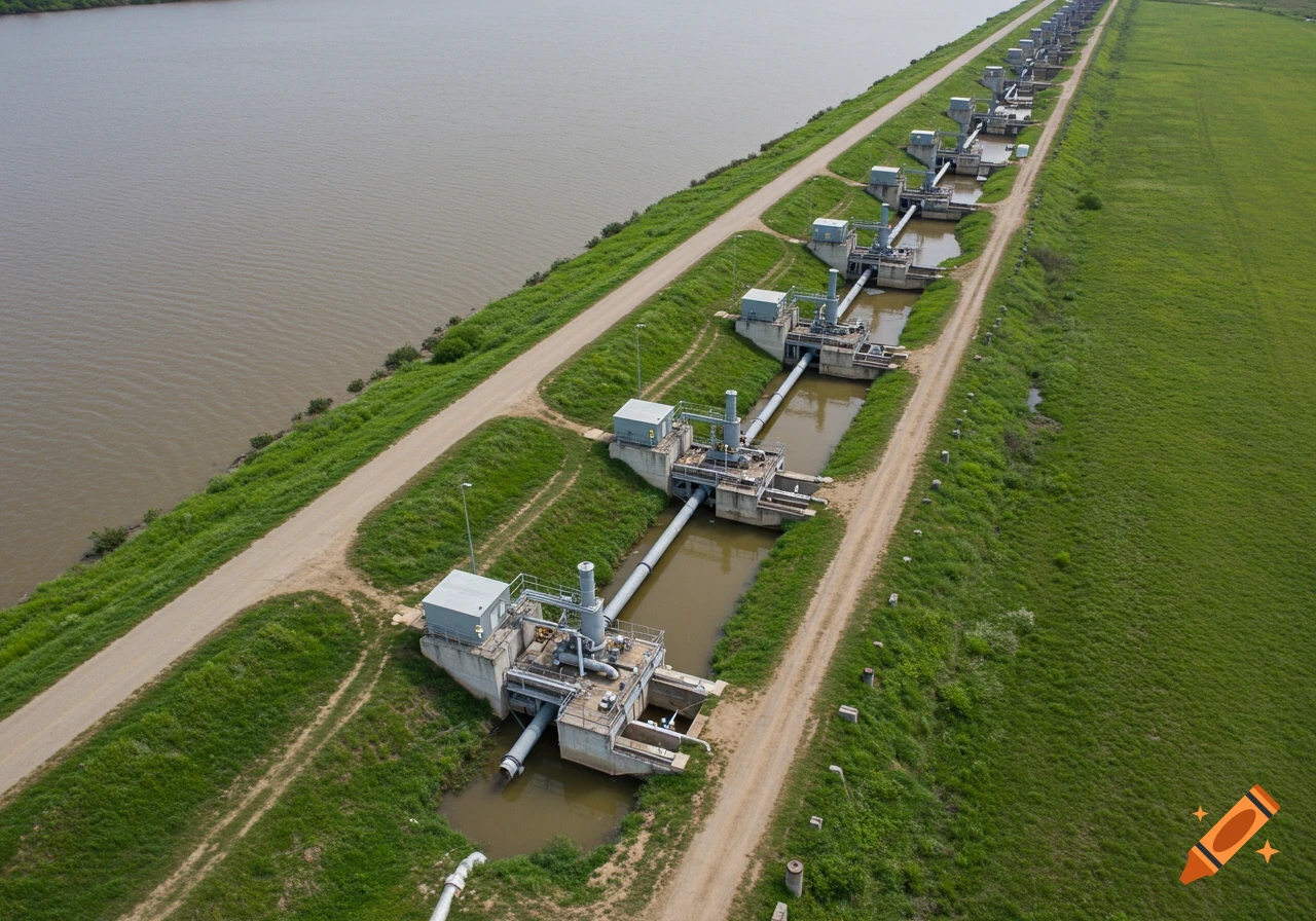 Aerial view of pumping structures or relief wells along a grassy levee ...