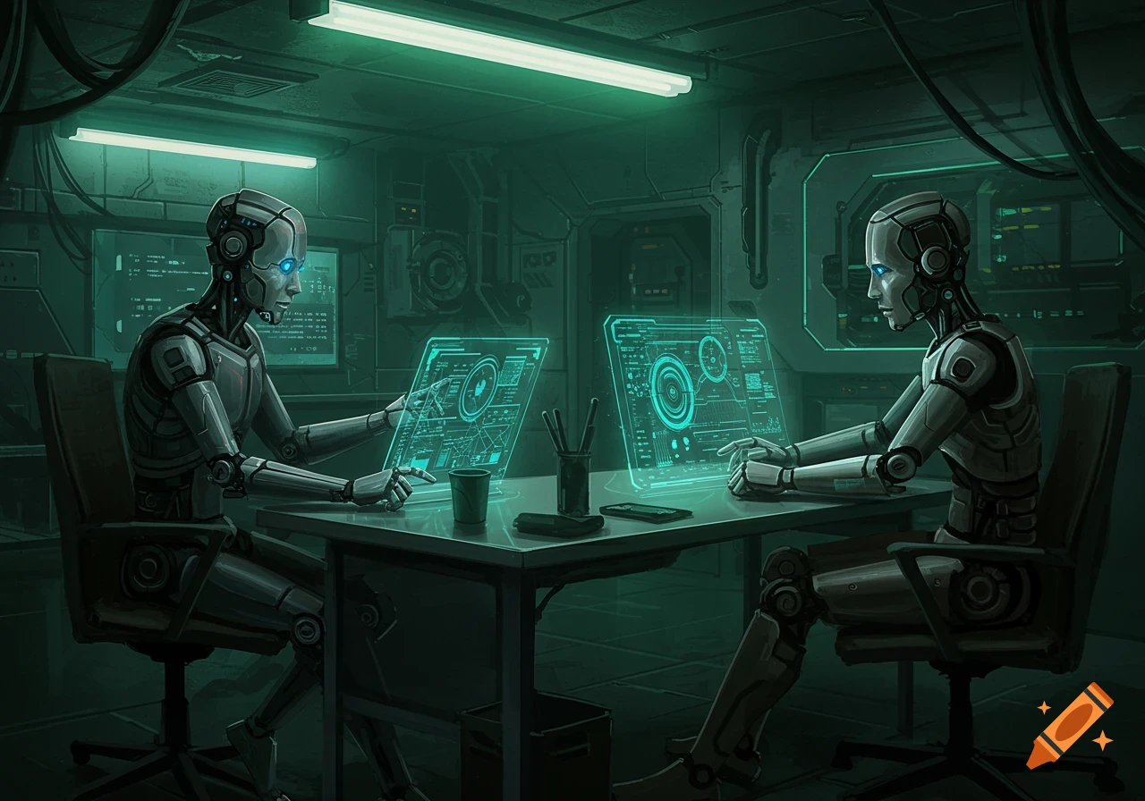 Two robots work at a desk with glowing holographic screens in a ...