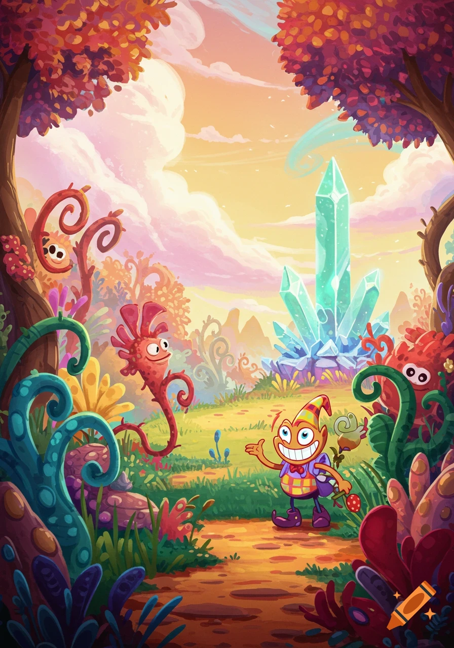 A whimsical cartoon illustration of colorful creatures in a fantasy ...