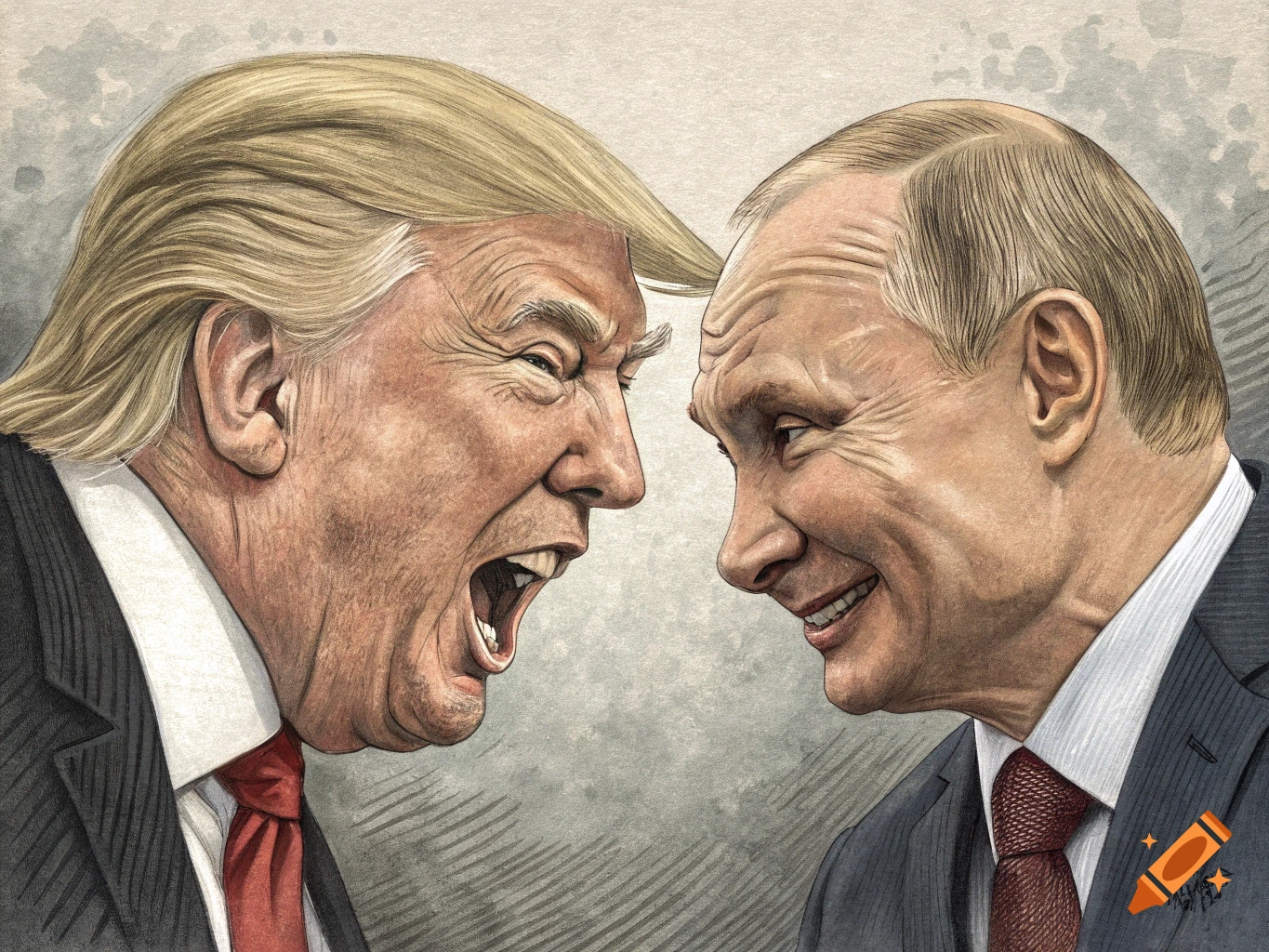 Caricature of Trump screaming at a smirking Putin in the style of Ivan ...