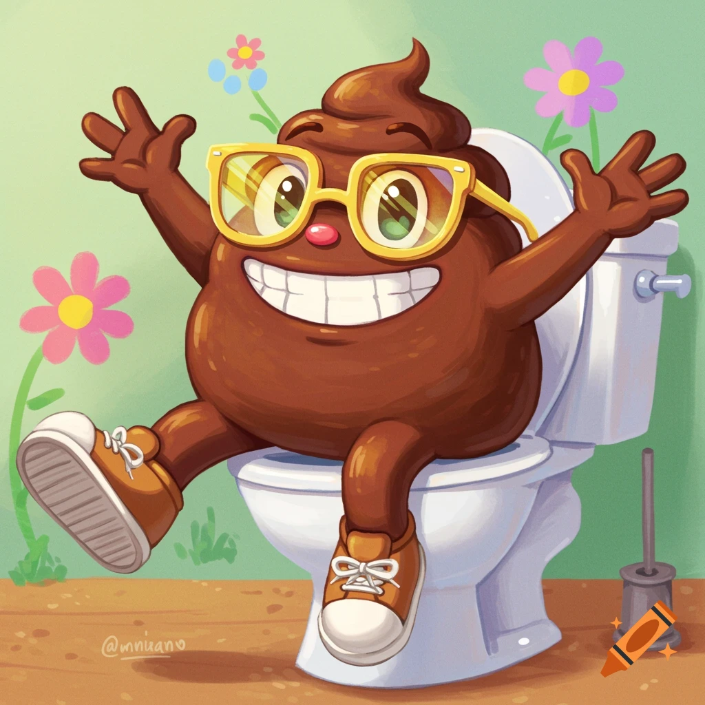 Smiling cartoon poop character with sunglasses sitting on a toilet on ...