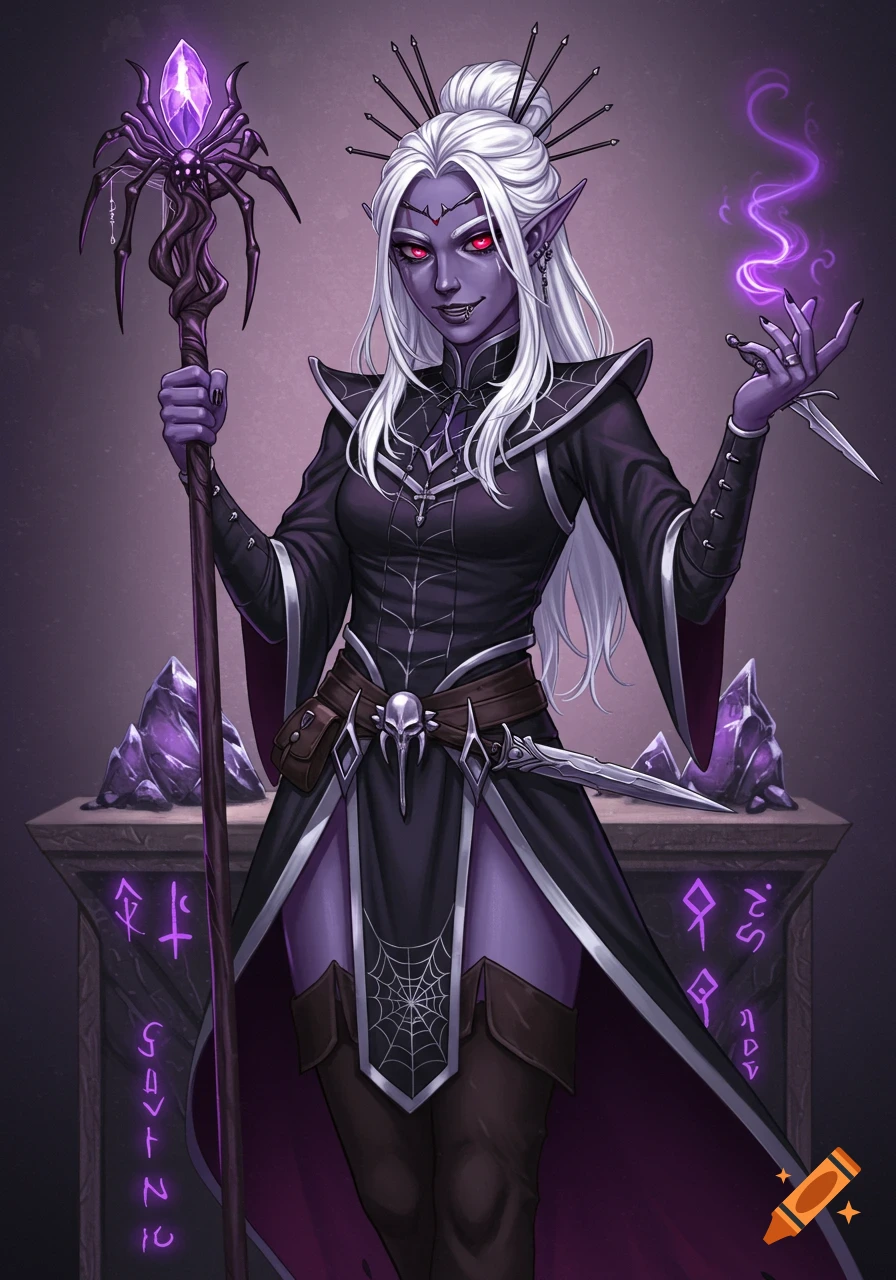 Dark fantasy portrait of a Drow priestess with white hair and red eyes ...