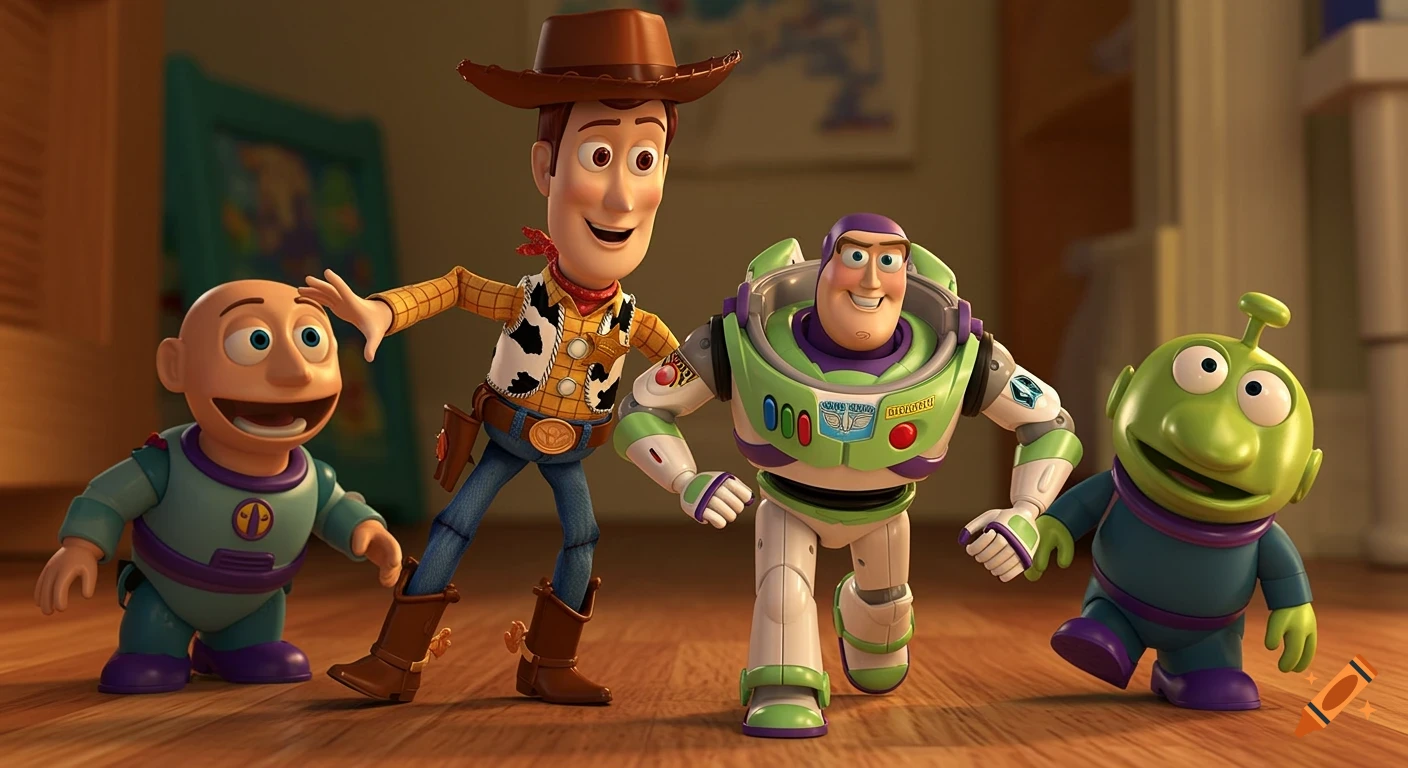 Woody, Buzz Lightyear, and two Aliens running forward on Craiyon