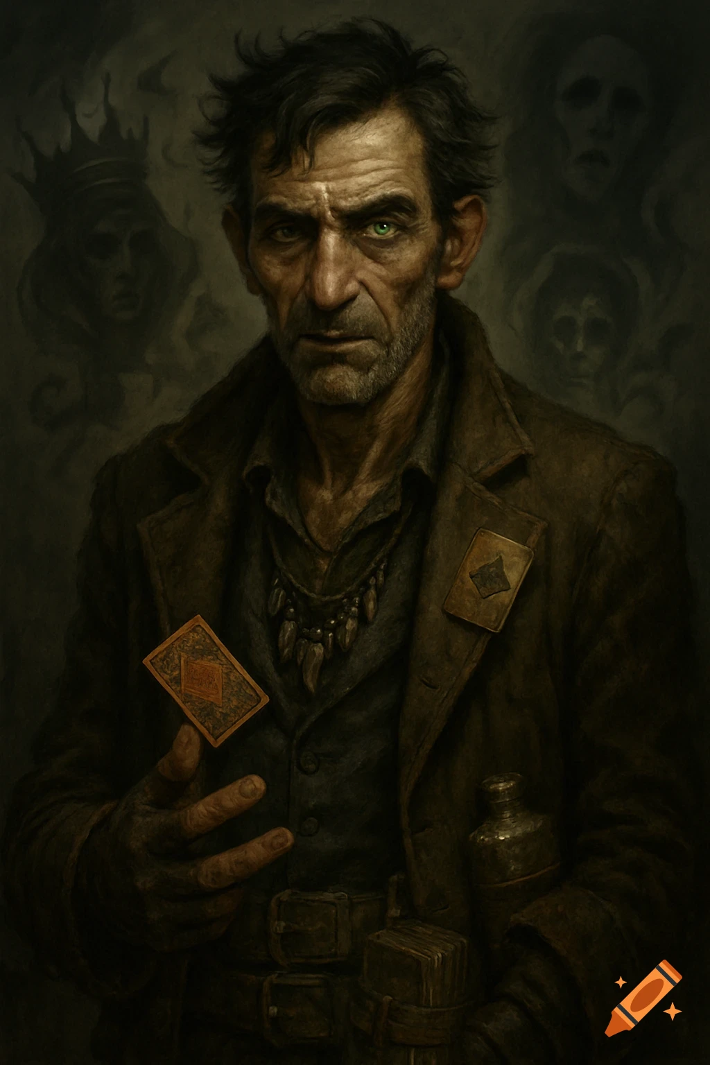 Weathered man with green eye holds a playing card in a dark, painterly ...