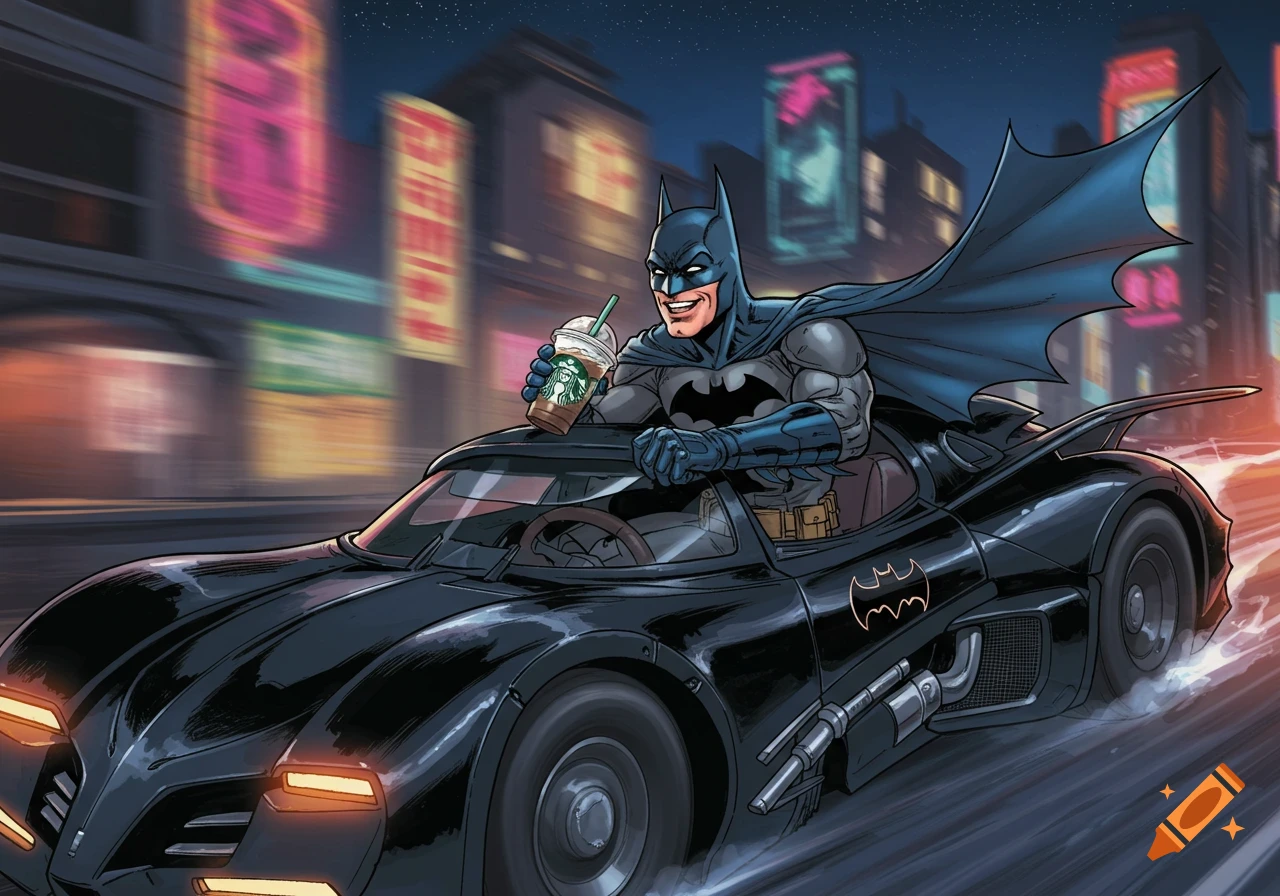 Comic illustration of Batman driving the Batmobile at night, smiling ...
