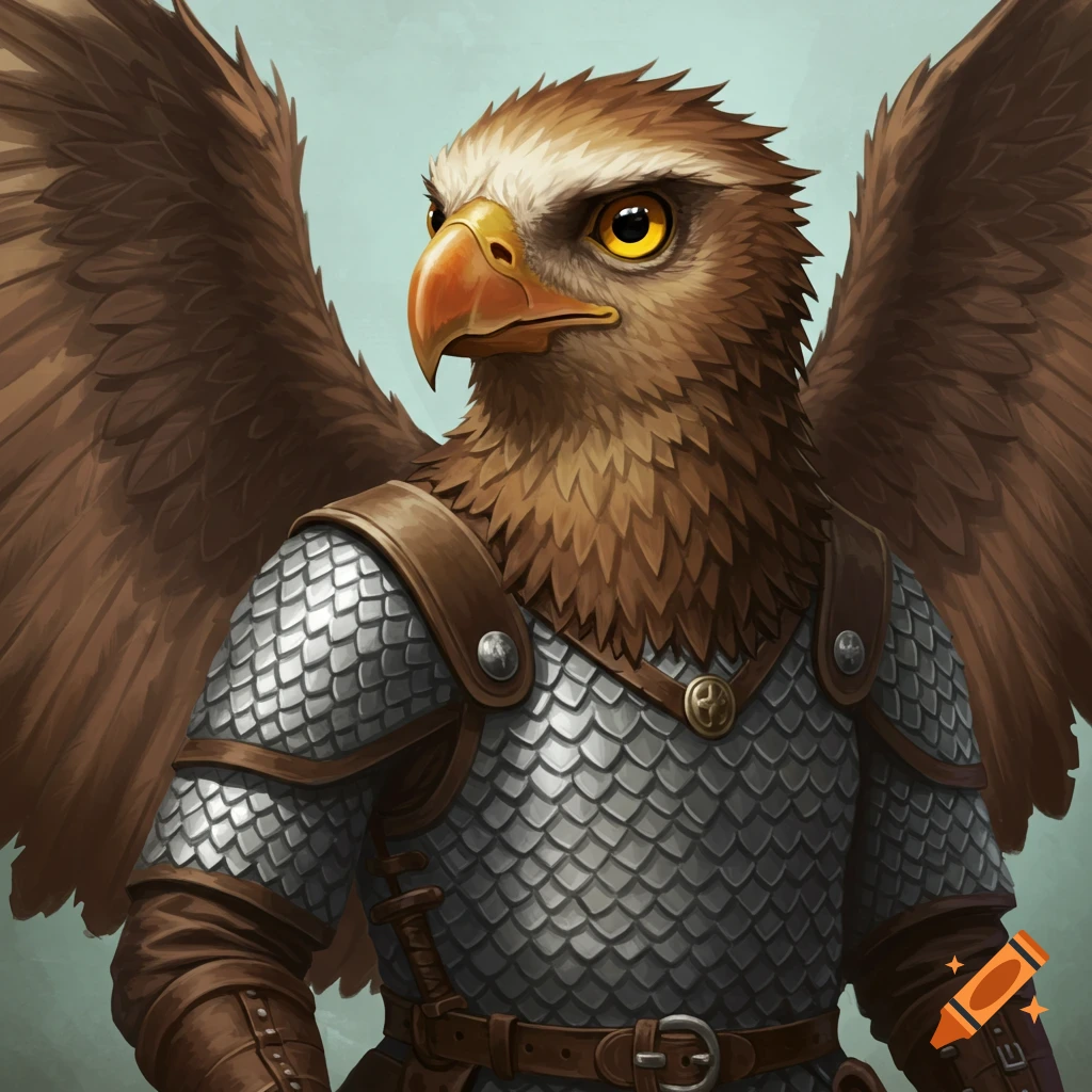 A portrait illustration of a harpy eagle humanoid wearing scale mail ...