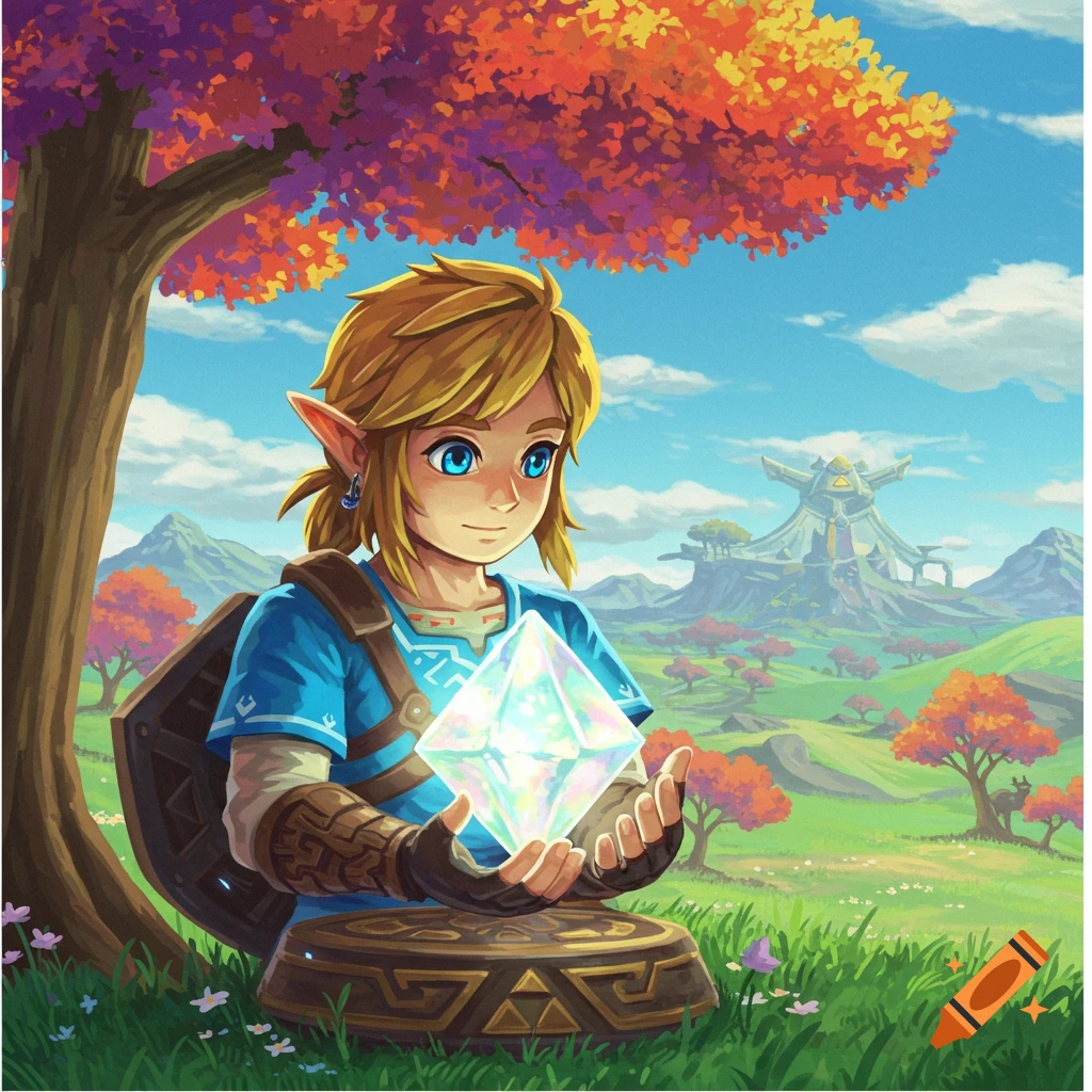 Link holding a glowing gem in a vibrant fantasy landscape under a tree ...