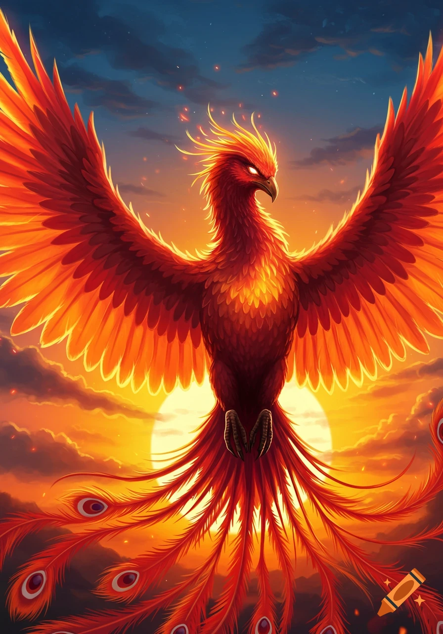 A vibrant red and orange phoenix with large wings spread against a ...