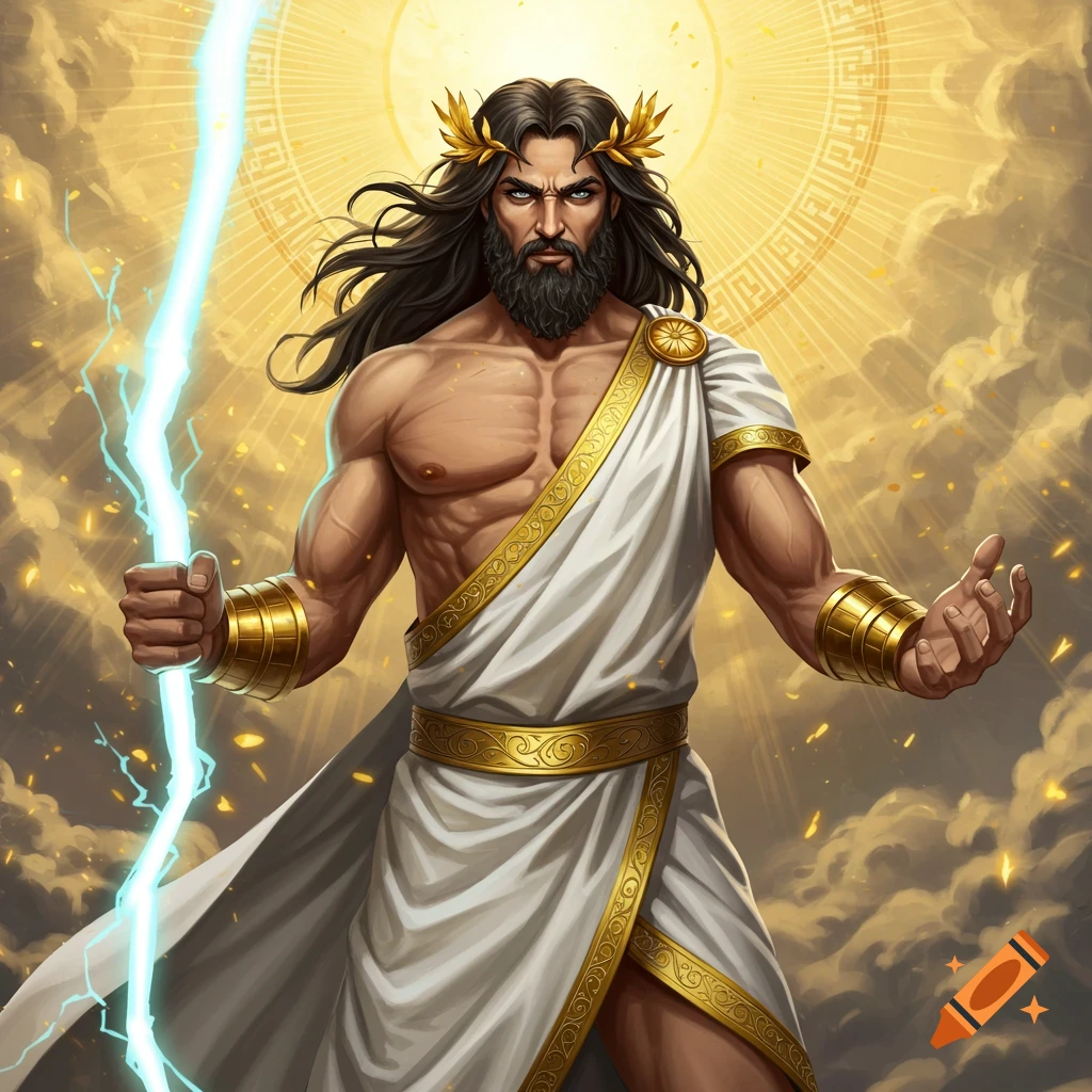 Zeus, king of the gods, holding a lightning bolt in a dramatic, sunlit sky. on Craiyon
