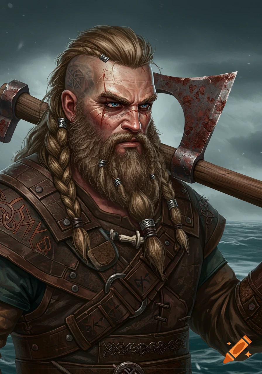 A portrait illustration of a Viking man with braided hair and beard ...