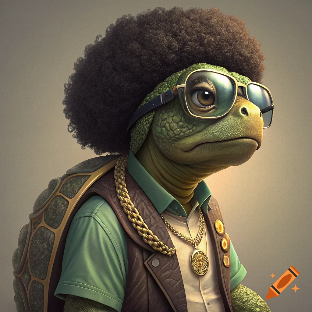 A turtle with an afro, glasses, a shirt, vest, and gold chain. on Craiyon
