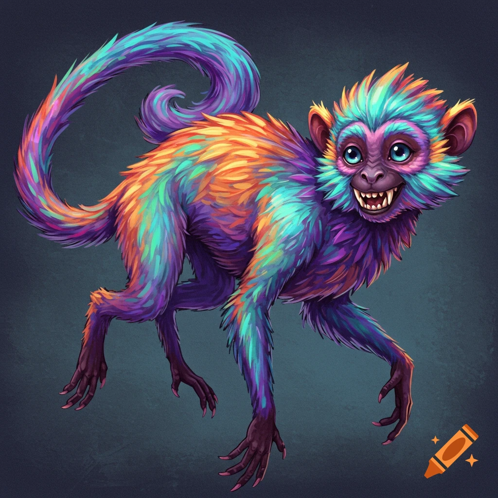 Illustration of a fantasy monkey-like creature with bright iridescent ...