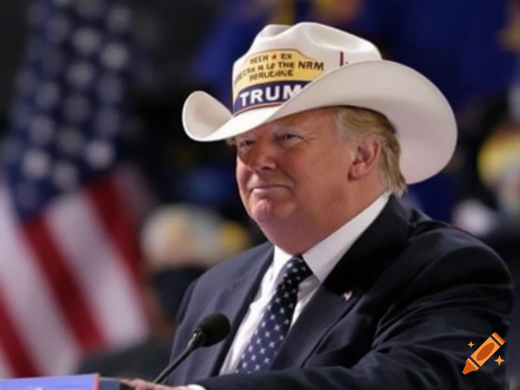 Donald Trump in a suit and cowboy hat, speaking with an American flag ...