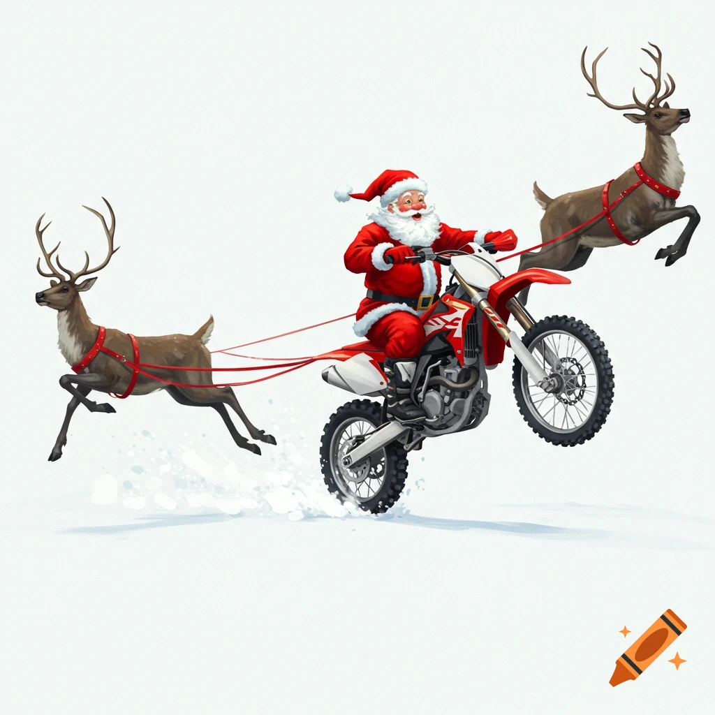 Santa Claus rides a dirt bike pulled by two reindeer through the snow ...