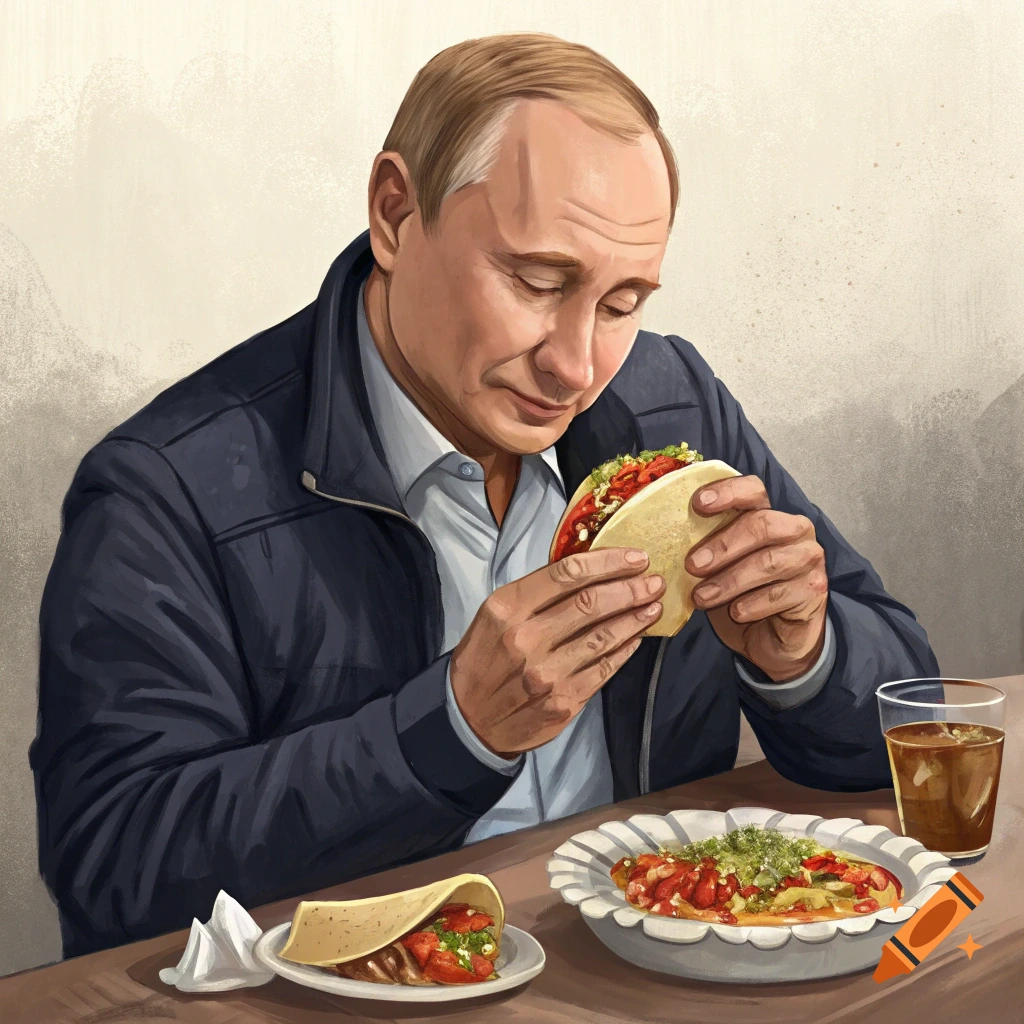 Illustration of Vladimir Putin eating a taco at a table. on Craiyon