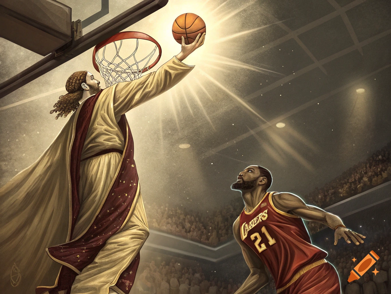 Jesus in robes dunks a basketball over a player in a stadium. on Craiyon
