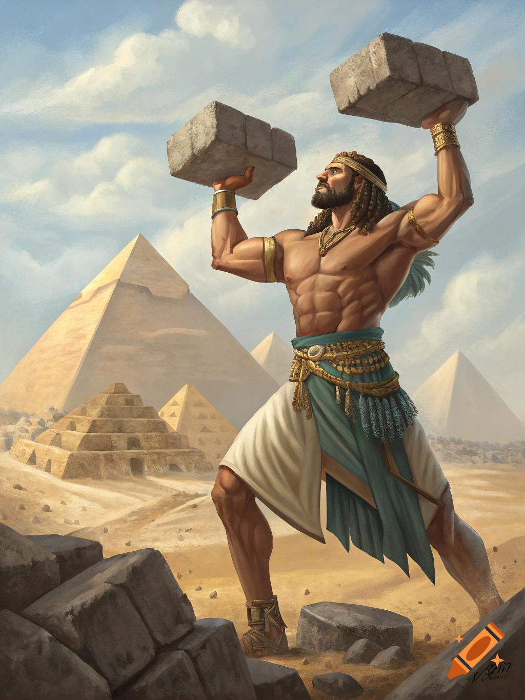 Muscular man in ancient Egyptian attire lifting heavy stones in front ...