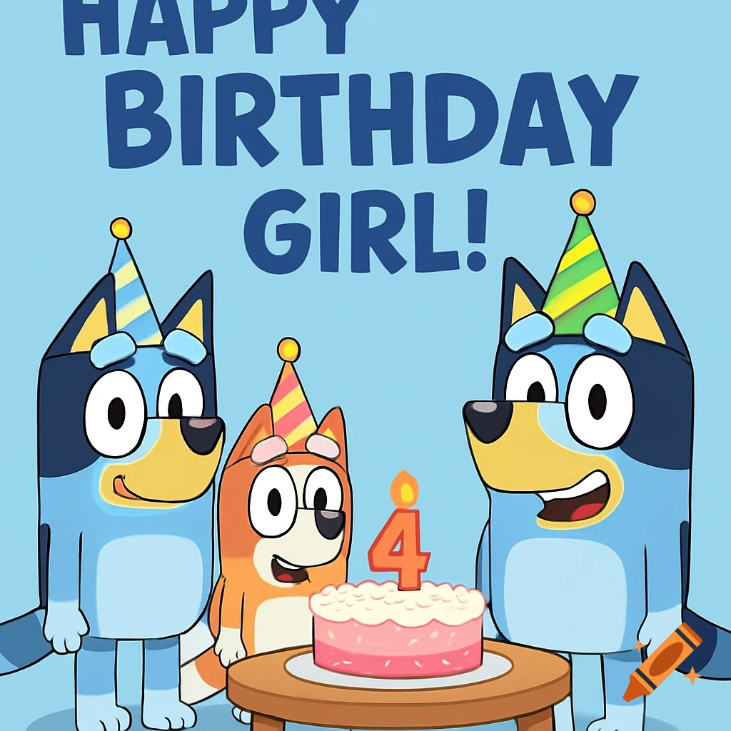 Bluey cartoon characters Bluey, Bingo, and Bandit celebrating a ...