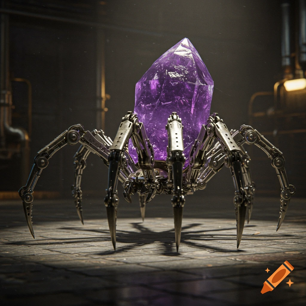 A detailed close-up of a mechanical spider with a large purple crystal ...