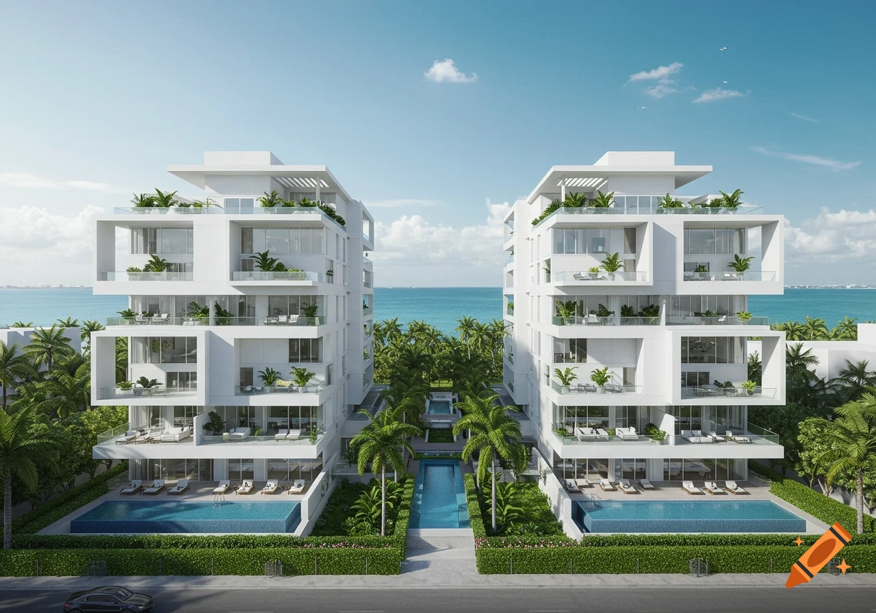 Two modern white residential buildings with pools and balconies facing ...