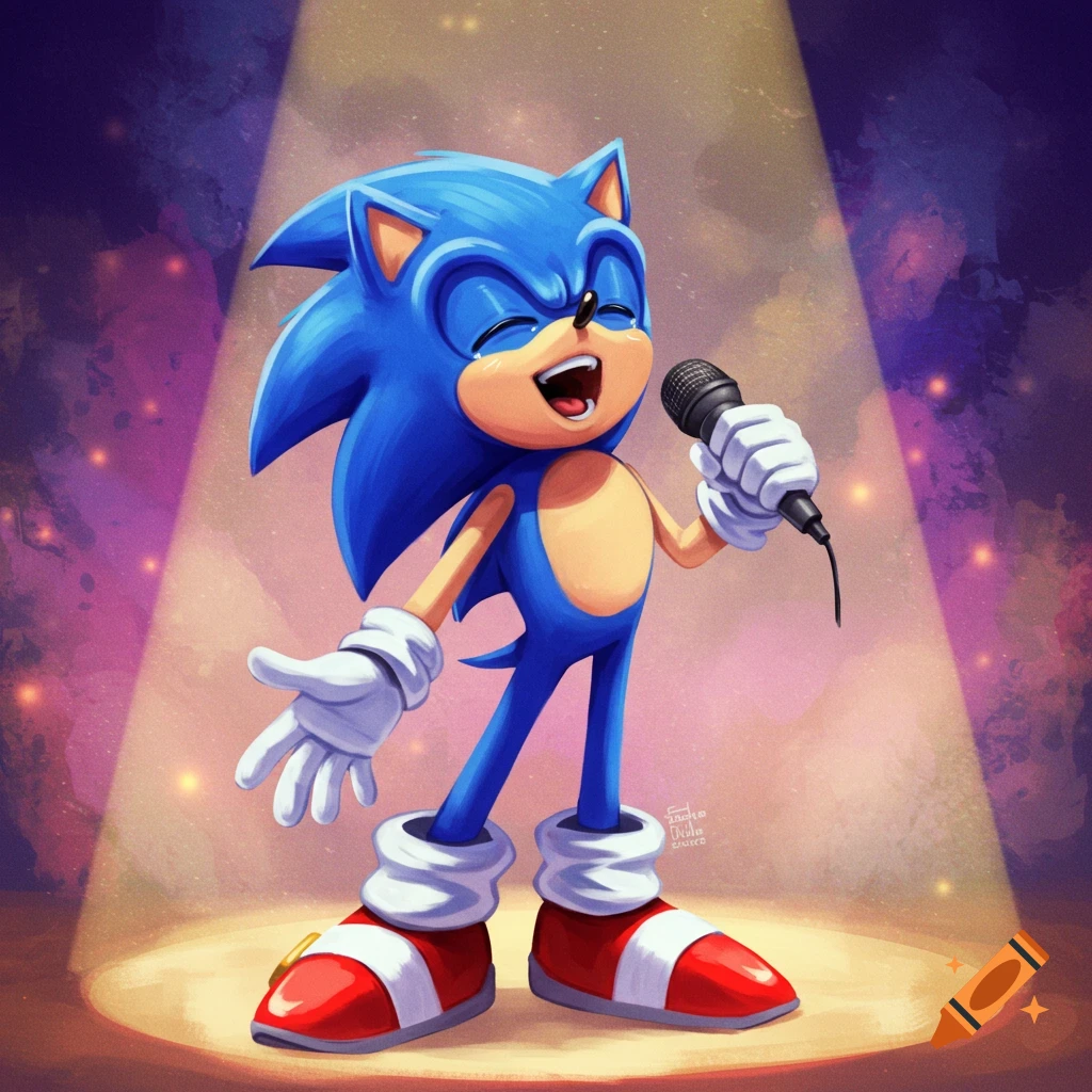 Sonic the Hedgehog singing into a microphone on a stage under ...