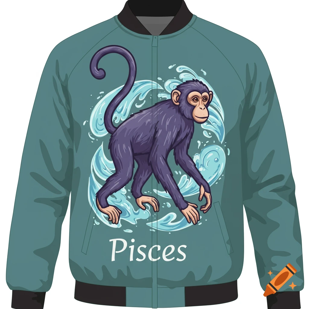 Illustration of a monkey and waves with 'Pisces' text on a bomber jacket. on Craiyon