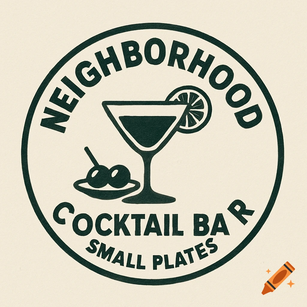 Circular logo for a neighborhood cocktail bar with text and a graphic ...