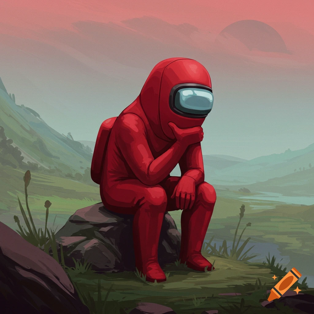 Red Among Us character sits on a rock in a landscape, posed like The ...
