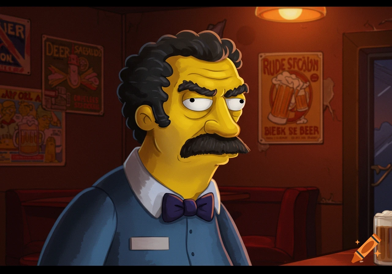 Moe Szyslak from The Simpsons standing in his bar, in a cartoon style ...