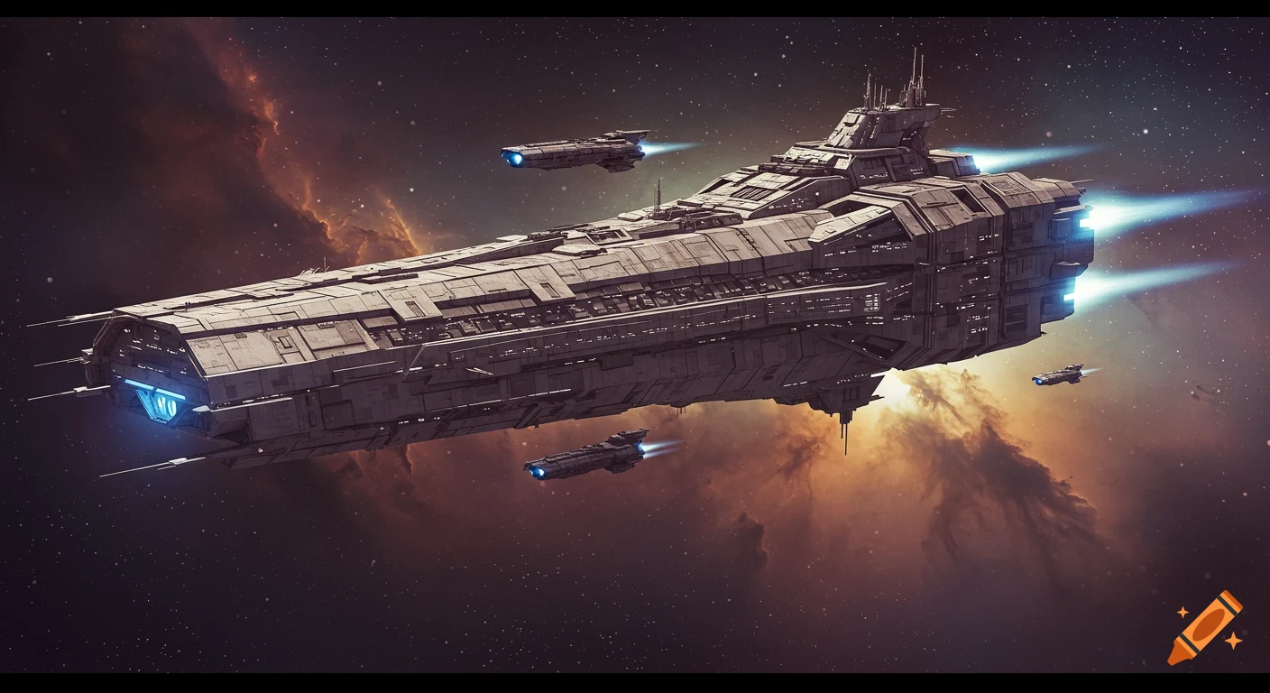 A large spaceship is accompanied by smaller craft in deep space near a vibrant nebula. on Craiyon