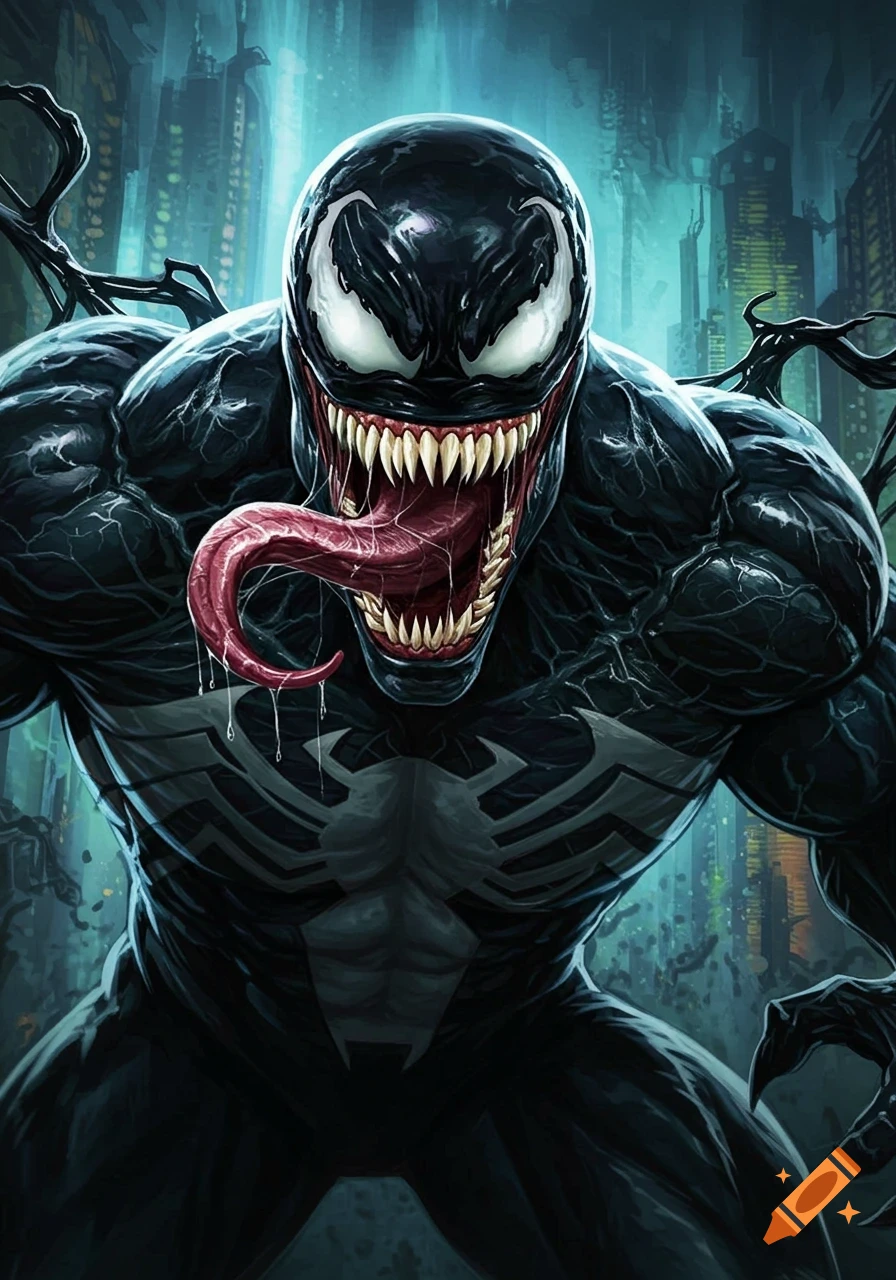 Stylized illustration of Venom, mouth open with fangs and tongue ...