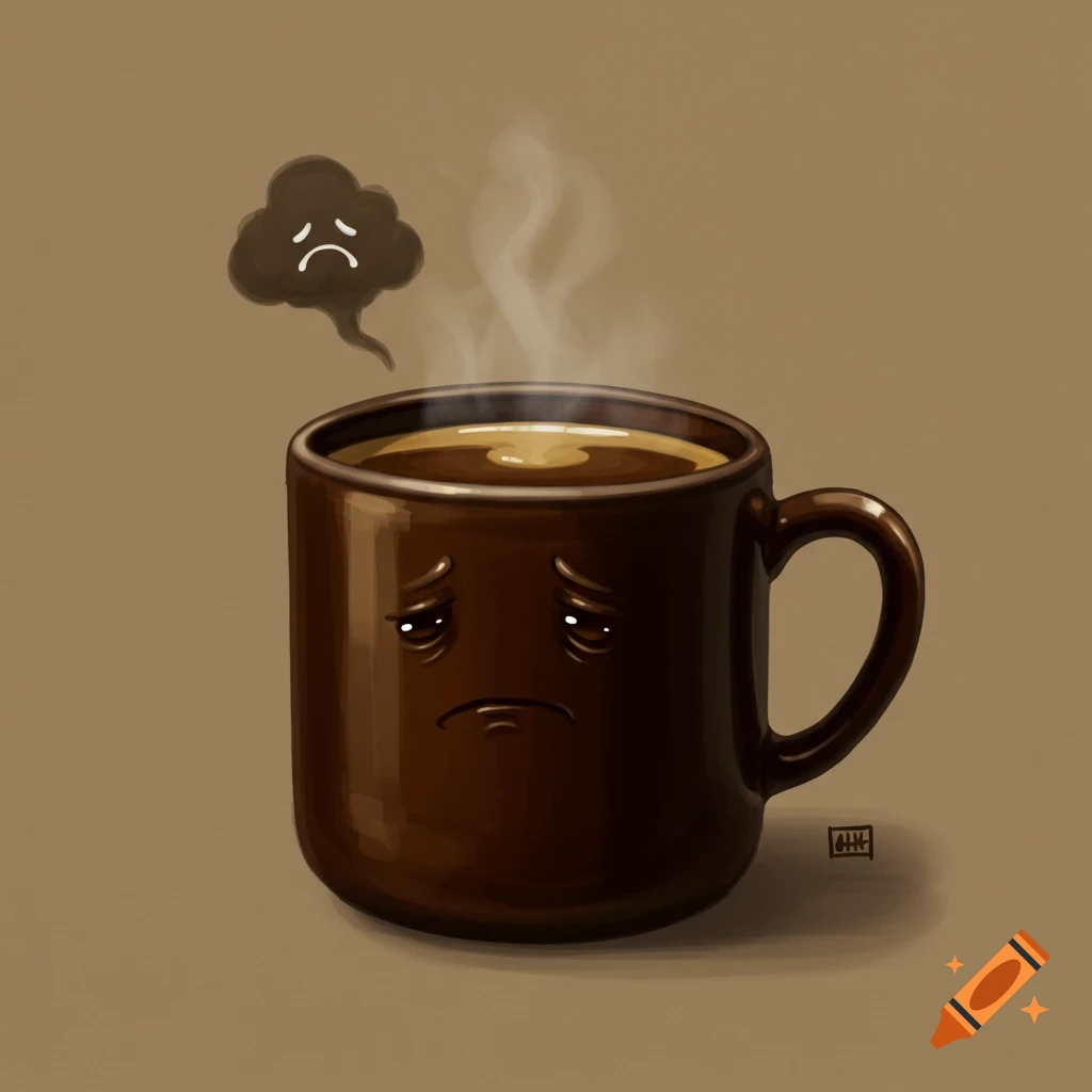 Cartoon illustration of a sad brown coffee mug with a sad thought ...