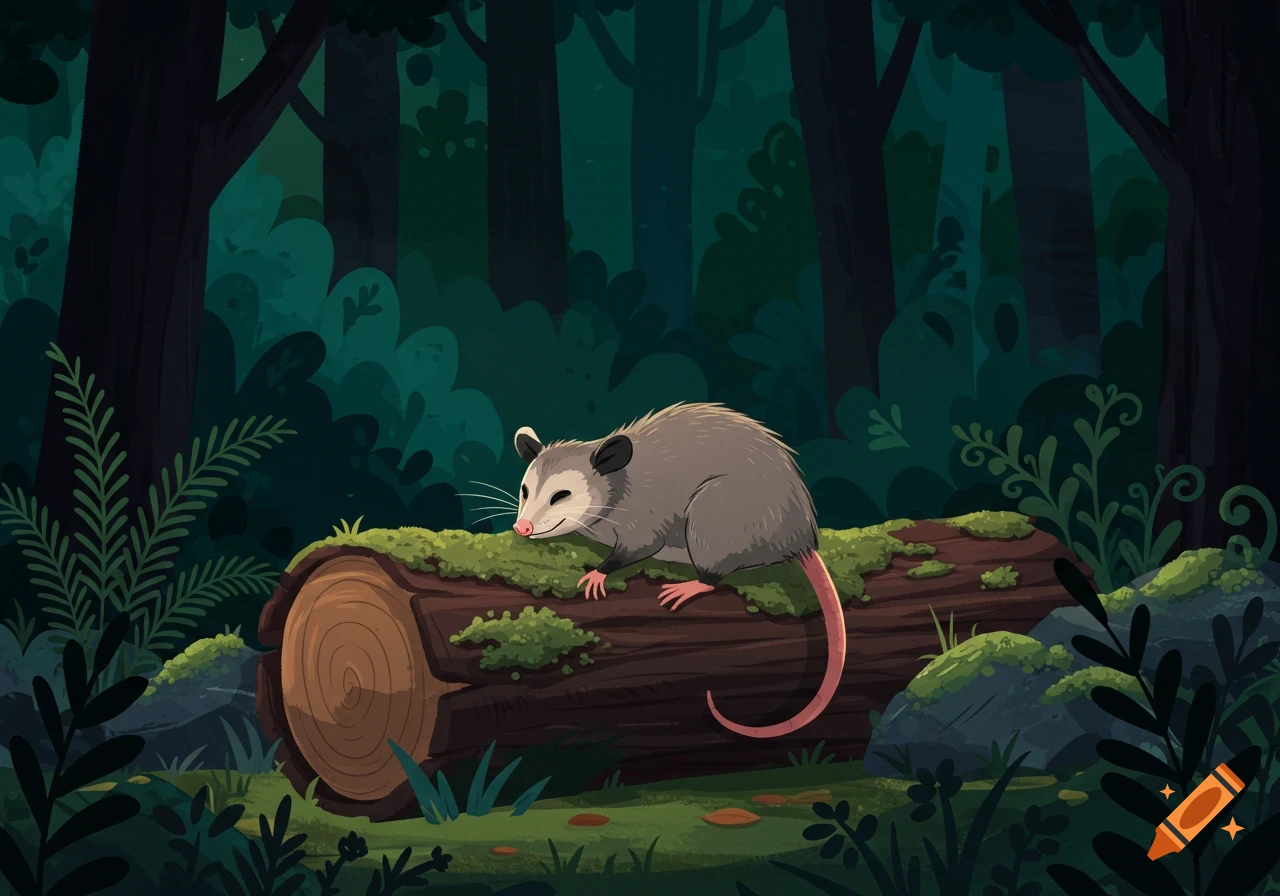 Cartoon possum sitting on a mossy log in a dark forest at night. on Craiyon