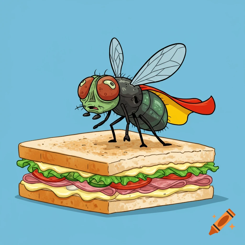 A cartoon fly with a superhero cape stands on a sandwich. on Craiyon