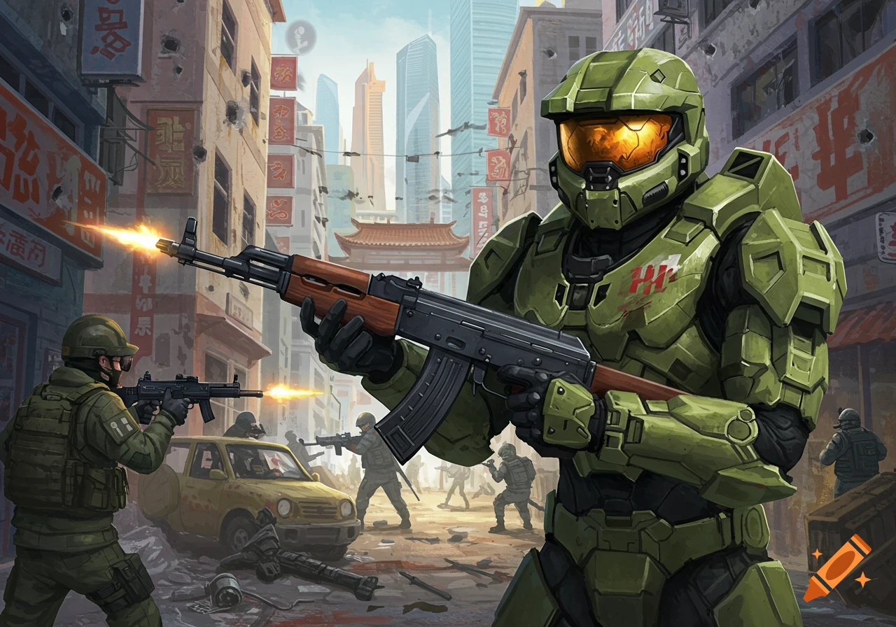 Master Chief and soldiers in tactical gear engage in a shootout on a ...