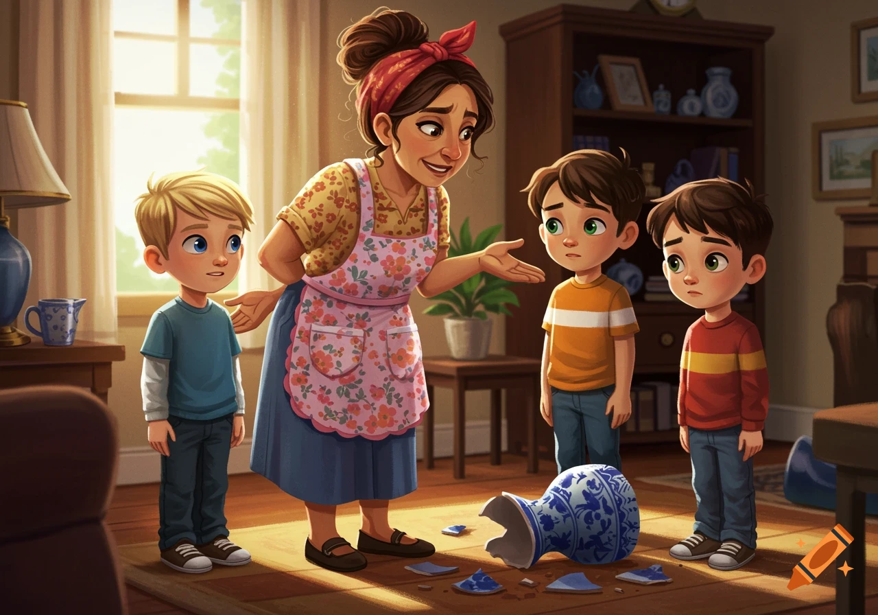 Cartoon illustration of a mother talking to two upset boys next to a broken vase in a living ...