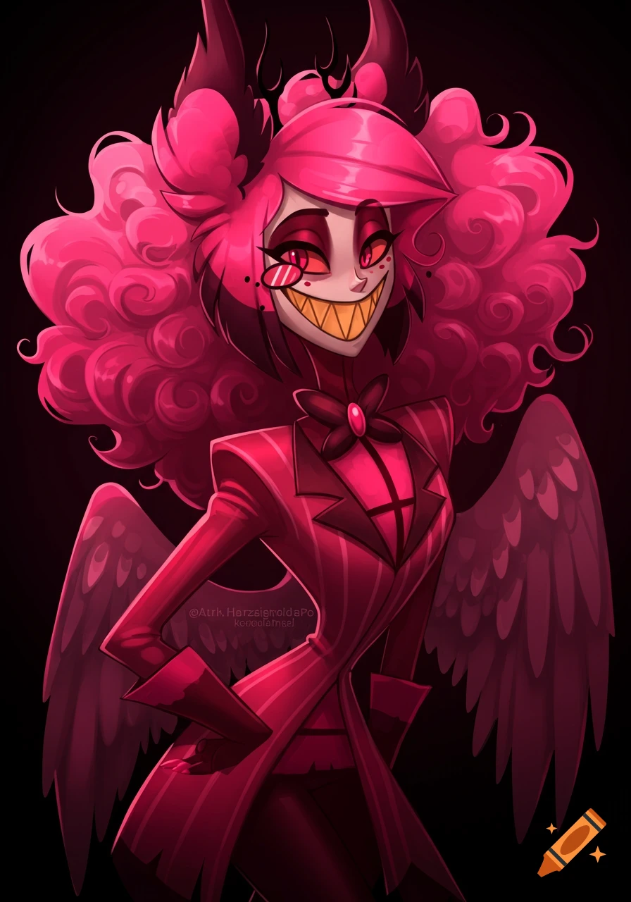 Cartoon style portrait of a female demon character with pink fluffy ...