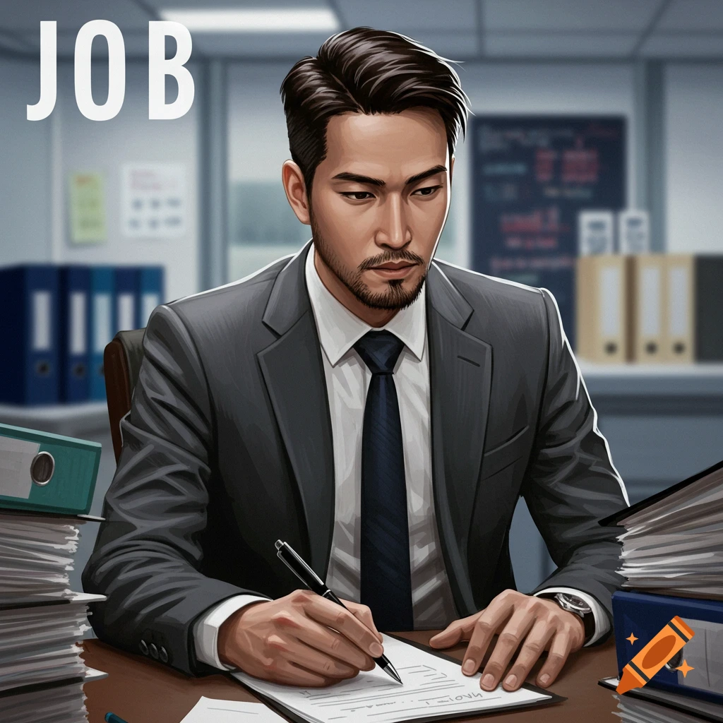 Illustration of a man in a suit writing at an office desk with files ...