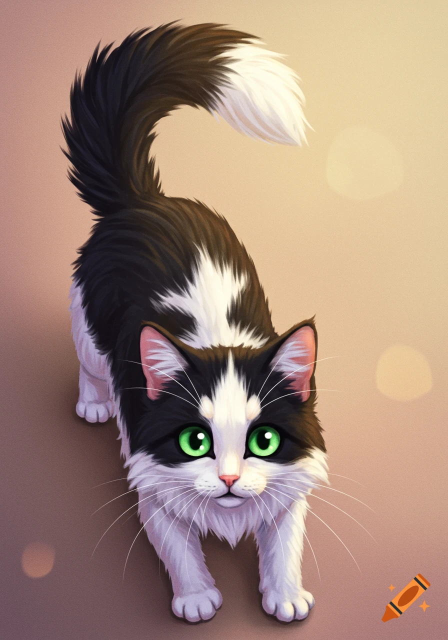 A stylized drawing of a black and white cat with bright green eyes in a ...