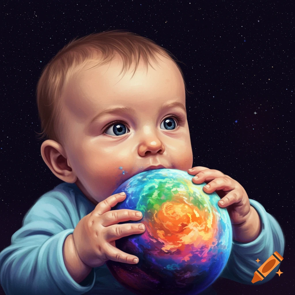 A baby holding and biting a vibrant planet in space on Craiyon