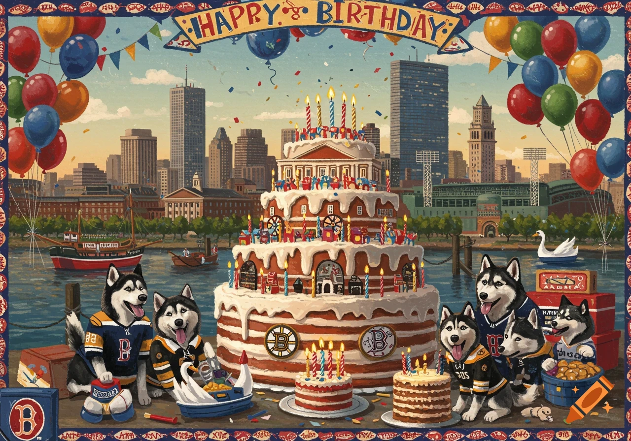 Illustrated birthday card with huskies in Boston Bruins jerseys, large ...