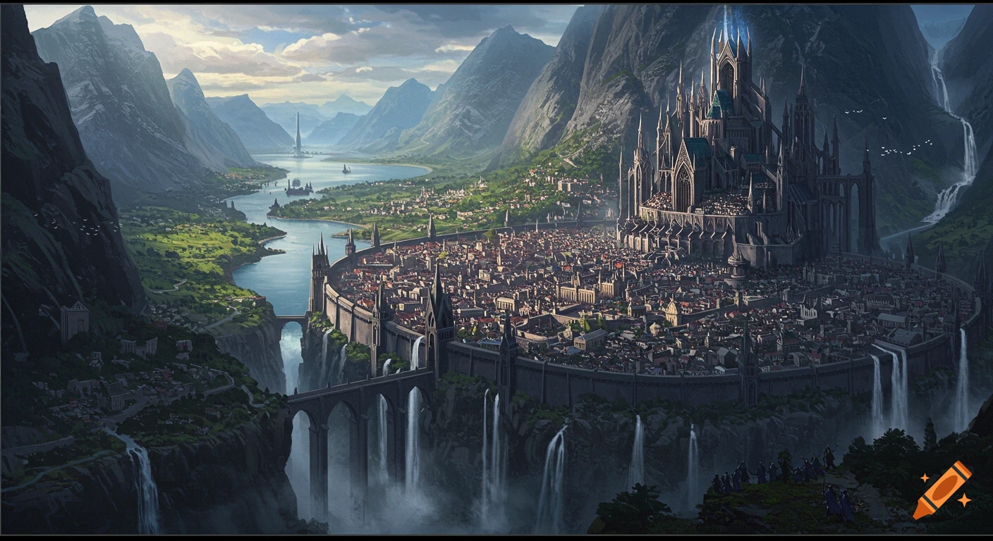 A fantasy capital city within a mountain valley, surrounded by walls ...