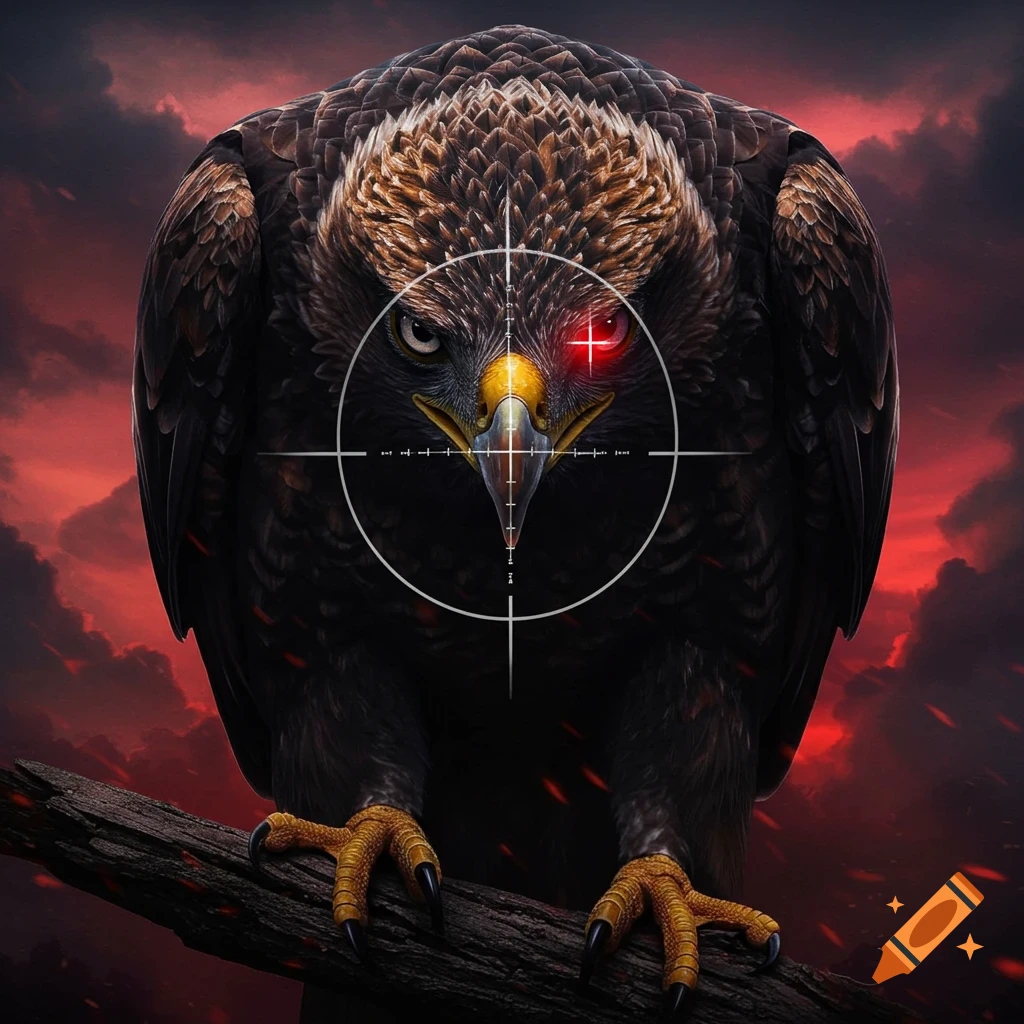Close-up illustration of an intense eagle with a target crosshair over ...