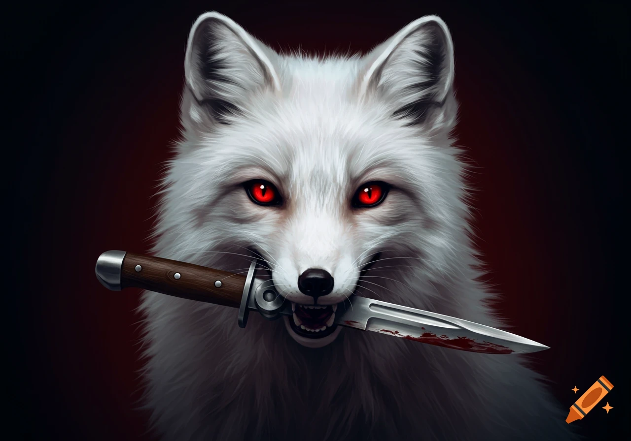 White arctic fox with red eyes holding a bloody knife in its mouth ...