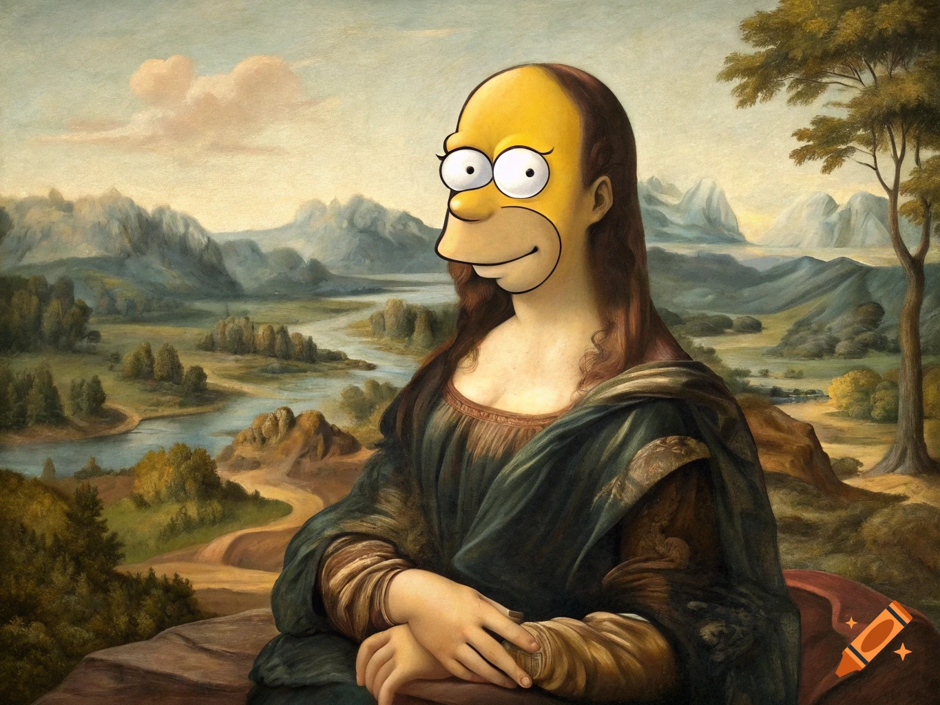Homer Simpson's head on the Mona Lisa's body in a classic landscape ...