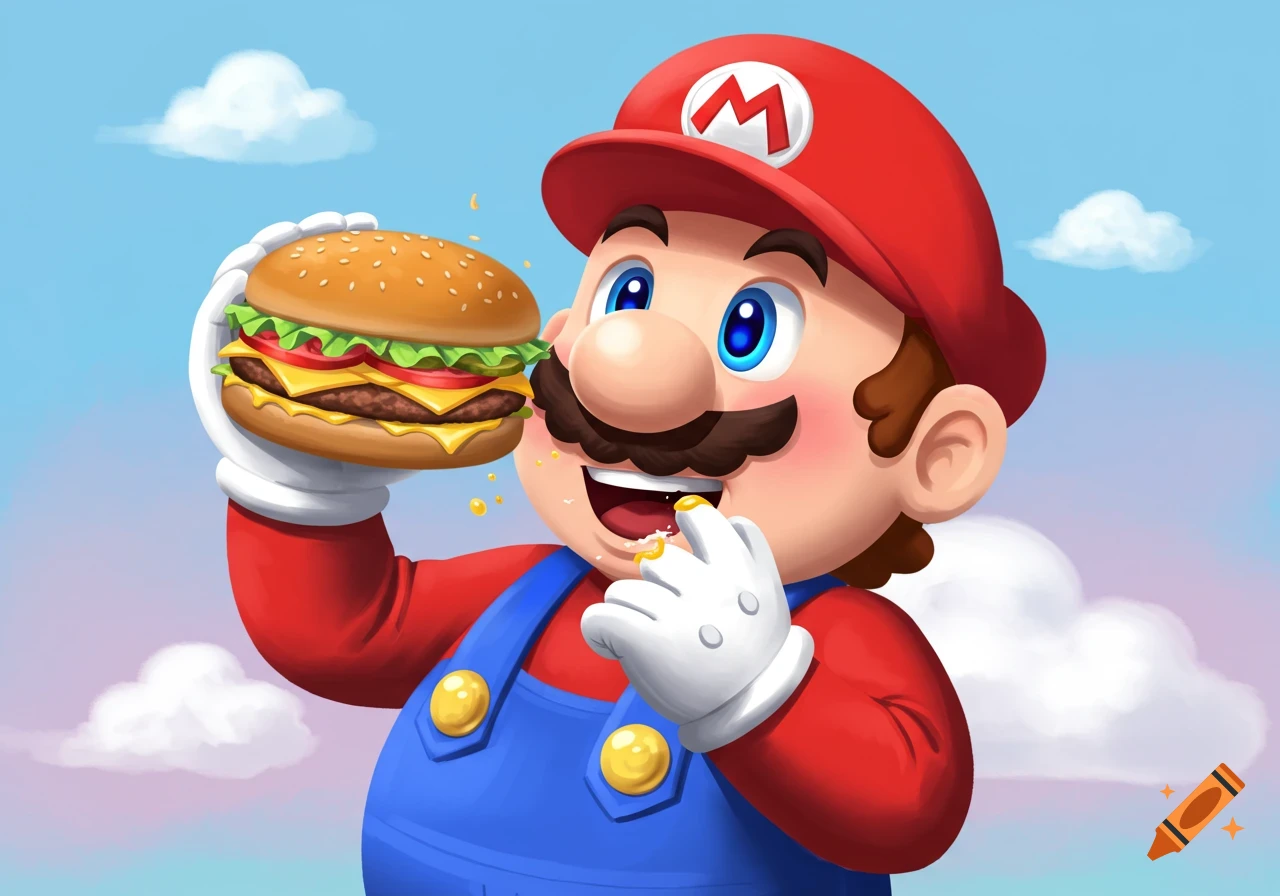 Cartoon illustration of Mario happily eating a large hamburger on Craiyon